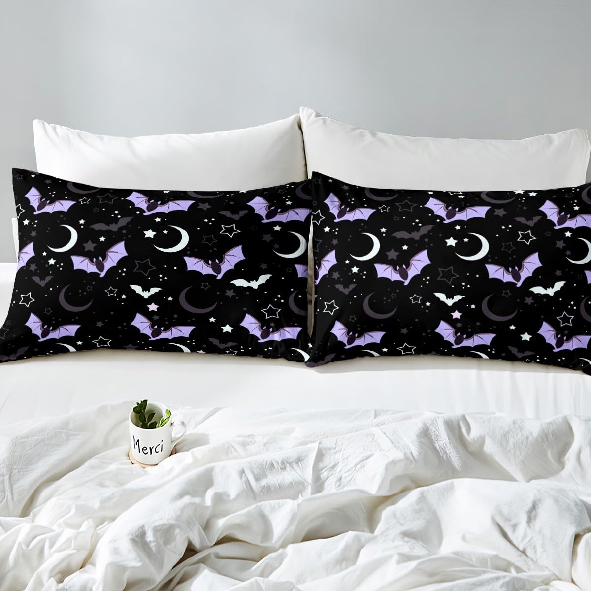 Erosebridal Purple Bats Halloween Decoration Moon Duvet Cover Glitter Stars Galaxy Bedding Set Cartoon Bat Gothic Comforter Cover Queen,Spooky Dark Shadows Silhouette Halloween Decorations Indoor