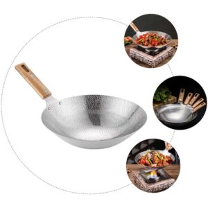 Luxshiny Wok Pan Non-stick Stainless Steel Stir Fry Pans With Wooden Handle 24cm Traditional Hand Hammered Round Bottom Woks Cooking Pot Cookware For Gas Induction Or Electric Stove