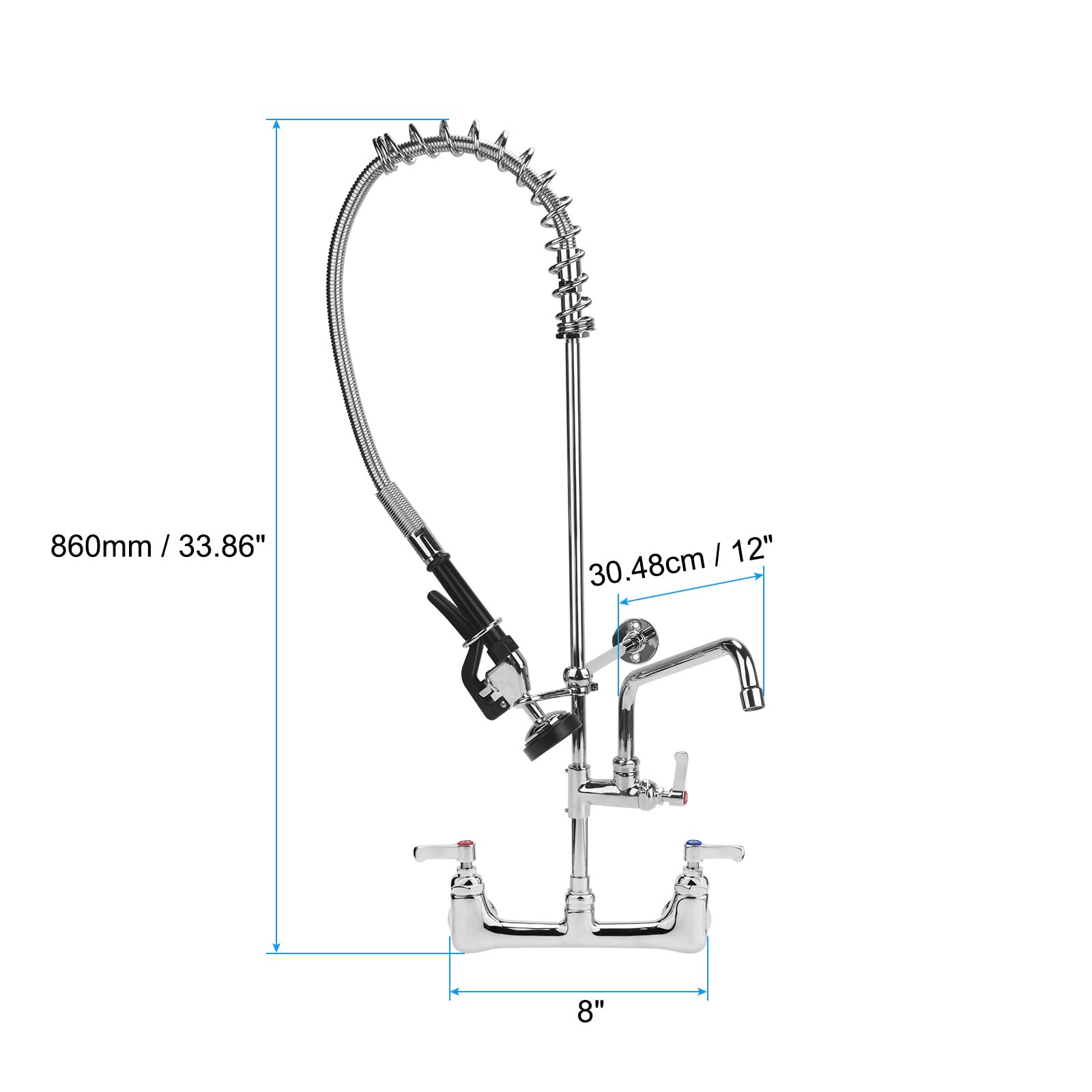 uxcell Commercial Sink Faucet with Pre-Rinse Sprayer, Wall Mount Faucet with 12" Swivel Spout 8" Center 36" Height Pre Rinse Faucet for Chrome Solid Brass