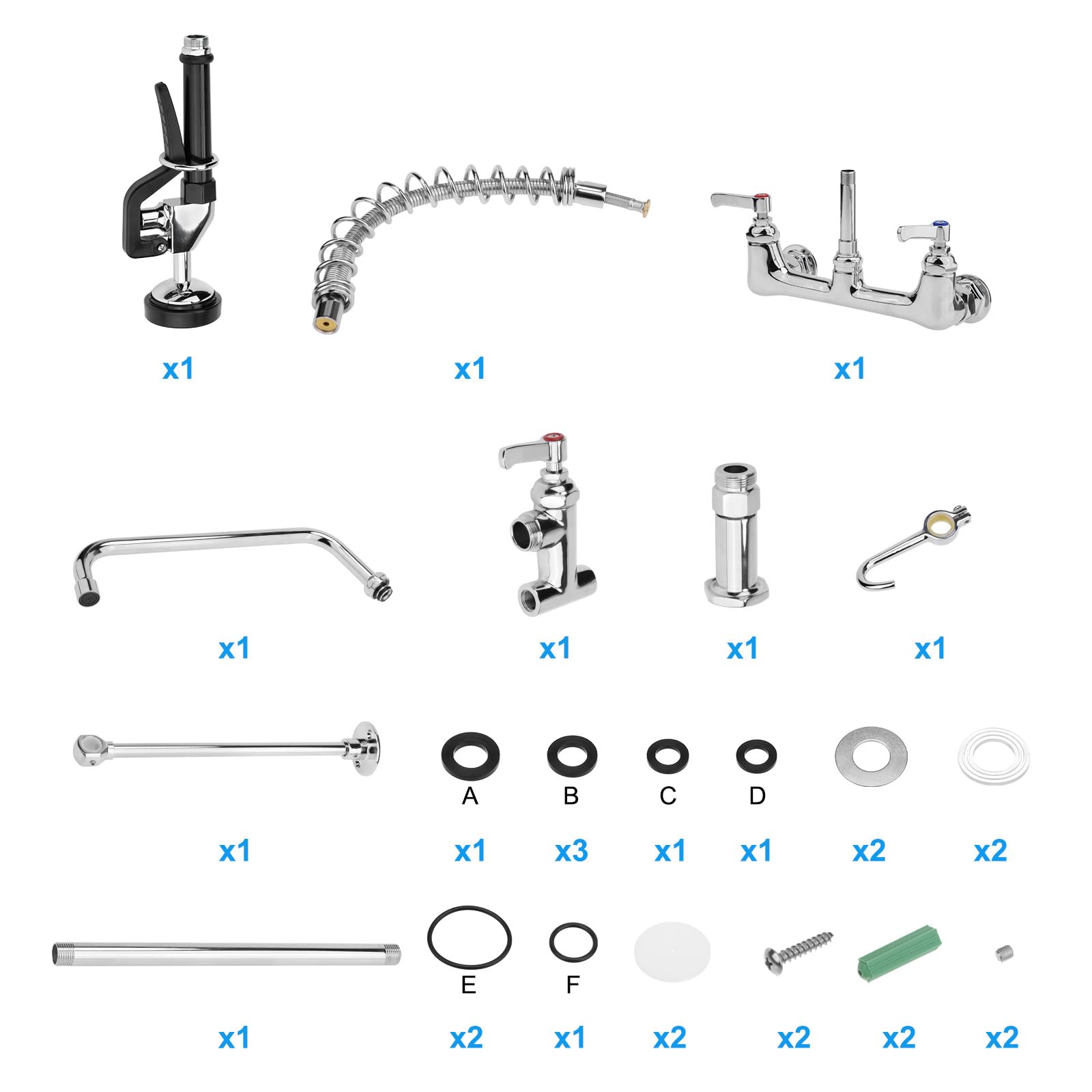 uxcell Commercial Sink Faucet with Pre-Rinse Sprayer, Wall Mount Faucet with 12" Swivel Spout 8" Center 36" Height Pre Rinse Faucet for Chrome Solid Brass