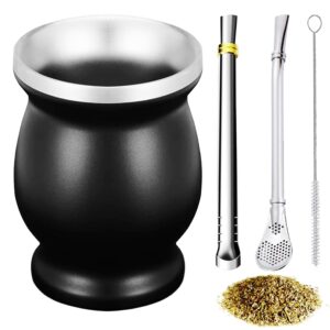 abm&y yerba mate cup and bombilla set, gourd tea cup kit with 2 straws and cleaning brush, convenient travel, stainless steel double walled anti scalding, easy to clean (black a)