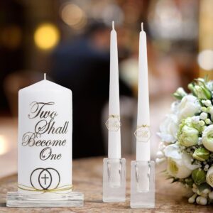 Wedding Unity Candle Set for Ceremonies - Unity Decorative Wedding Candle Centerpiece Sets Catholic White with Gold Decorations Unity Candle Set for Weddings 6" Pillar and 2 10" - Velas Matrimoniales