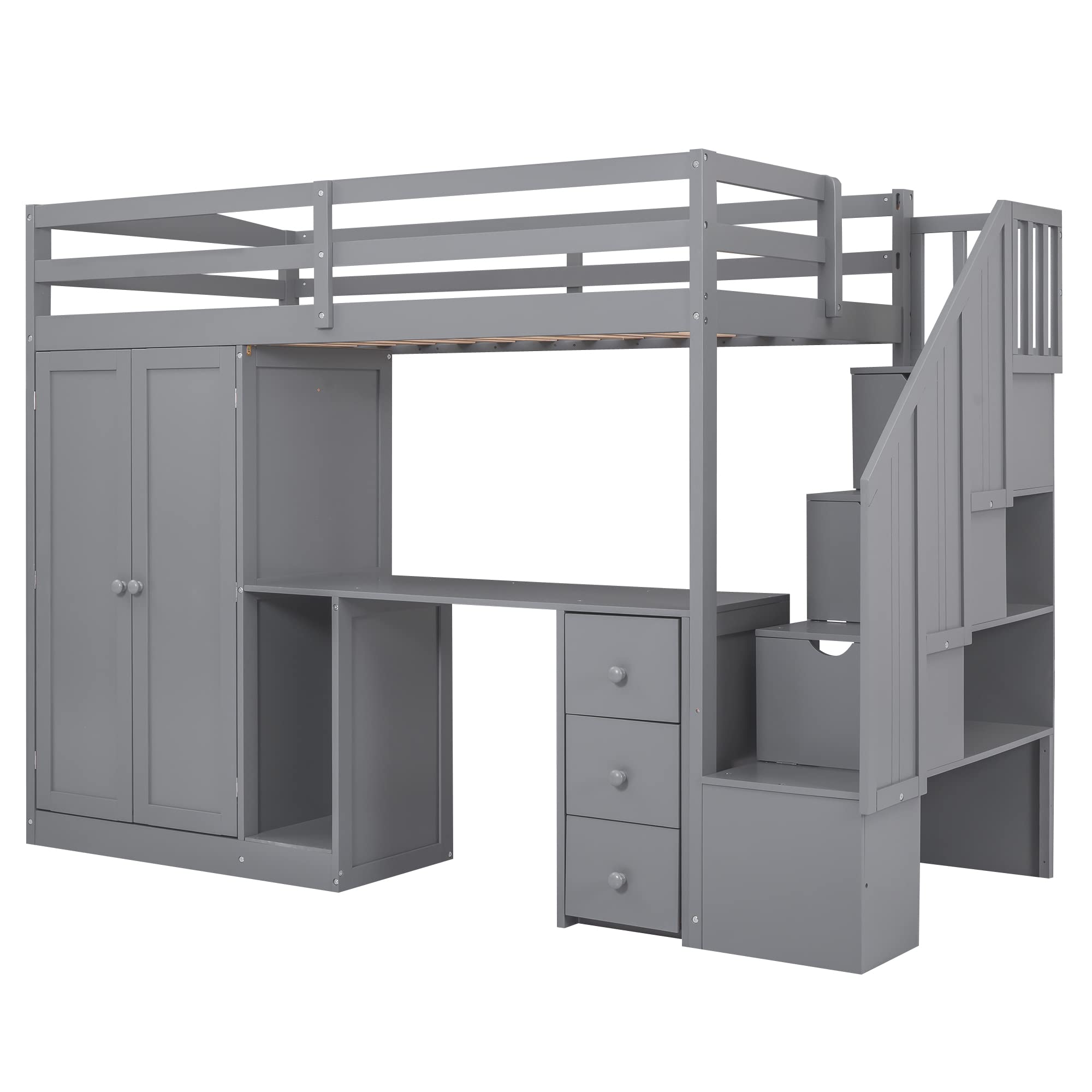 Gray Twin Size Loft Bed with Stairs and Desk, Wooden Twin Loft Bed with Wardrobe and Storage Drawers, High Loft Bed Frame for Kids, Teens, Adults Boys & Girls, Loft Bed Twin with Storage