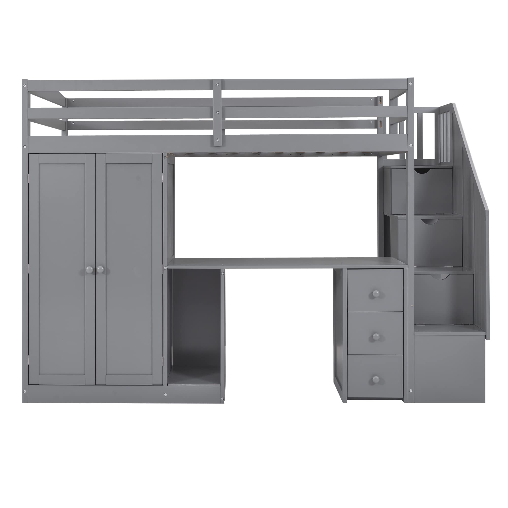 Gray Twin Size Loft Bed with Stairs and Desk, Wooden Twin Loft Bed with Wardrobe and Storage Drawers, High Loft Bed Frame for Kids, Teens, Adults Boys & Girls, Loft Bed Twin with Storage