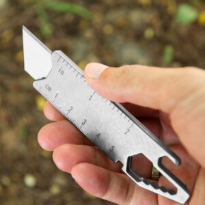 Tenchilon T394 Utility Knife, 10-in-1 Multi-Tool Retractable Pocket Knife, 3.94 inches Titanium Handle with Pry Bar, 10pcs Extra Replaceable SK5 Blades, Keychain Carry Box Cardboard Cutter EDC Knives