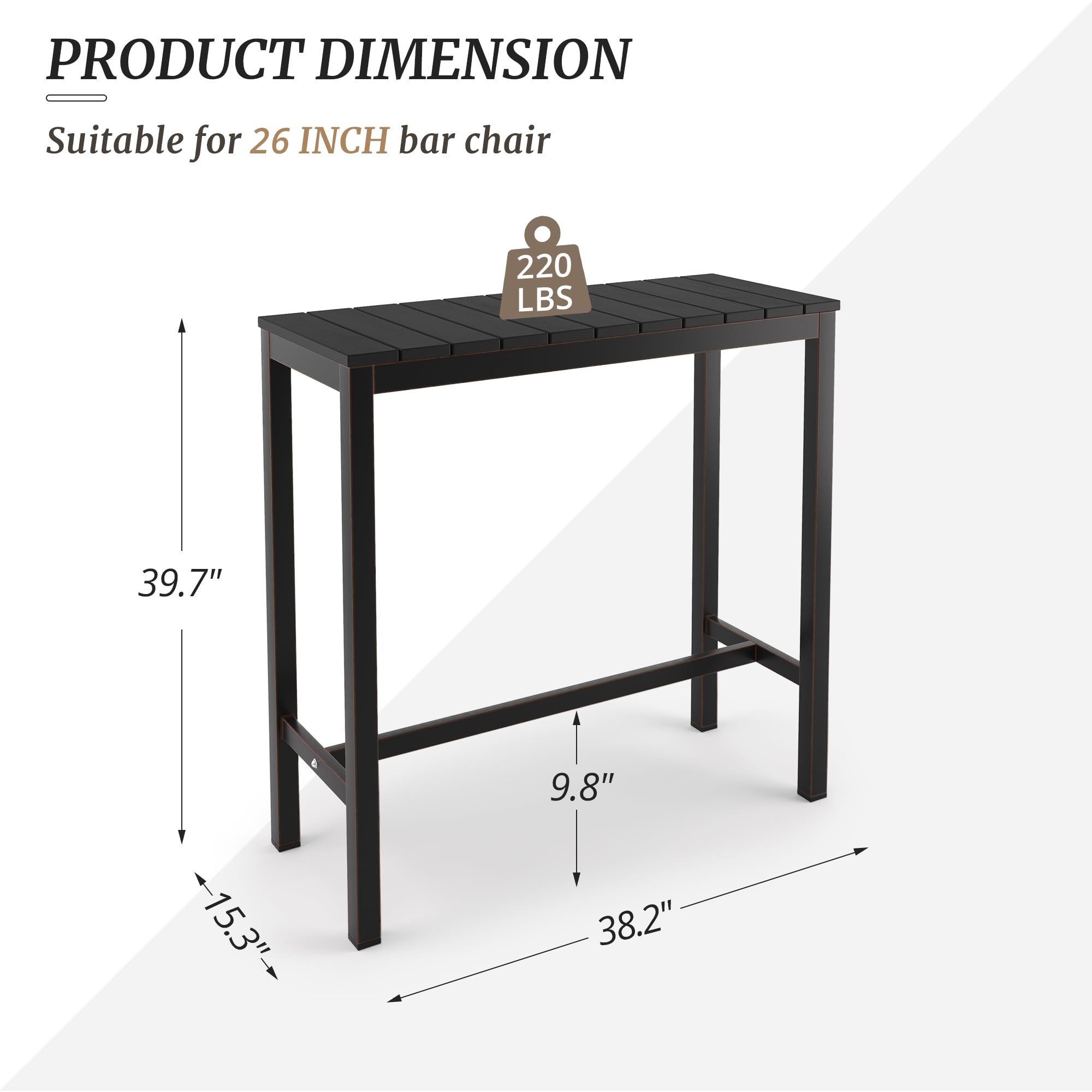 Cozyman Outdoor Bar Table, 38" Black Patio Bar Height Counter Table, Weather Resistant, Waterproof HDPS Slatted Top Console Table for Hot Tub, Balcony, Yard, Indoor or Outdoor Use