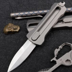 Tenchilon T33 Compact Retractable EDC Utility Box Cutter Pocket Knife, 1.9 inches D2 Spear Point Blades, 3.3 inches TC4 Titanium Handles