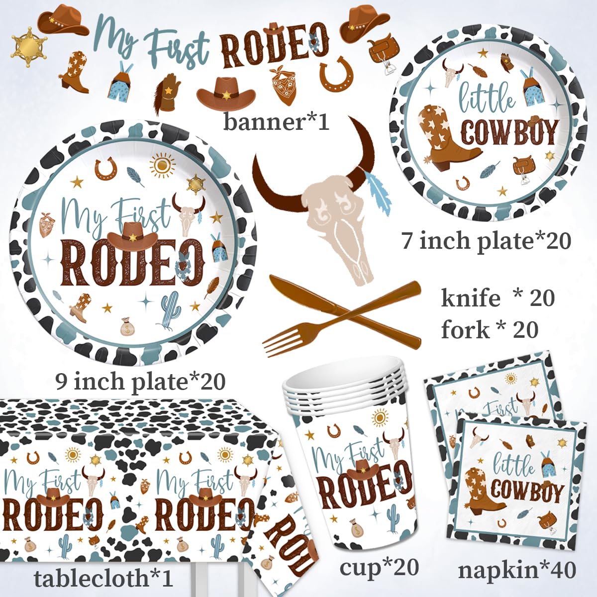 My First Rodeo Birthday Party Supplies Boy-142Pcs Western Cowboy Tableware 1st Rodeo Birthday Party Decorations Blue My First Rodeo Baby Shower Dinnerware for Boy