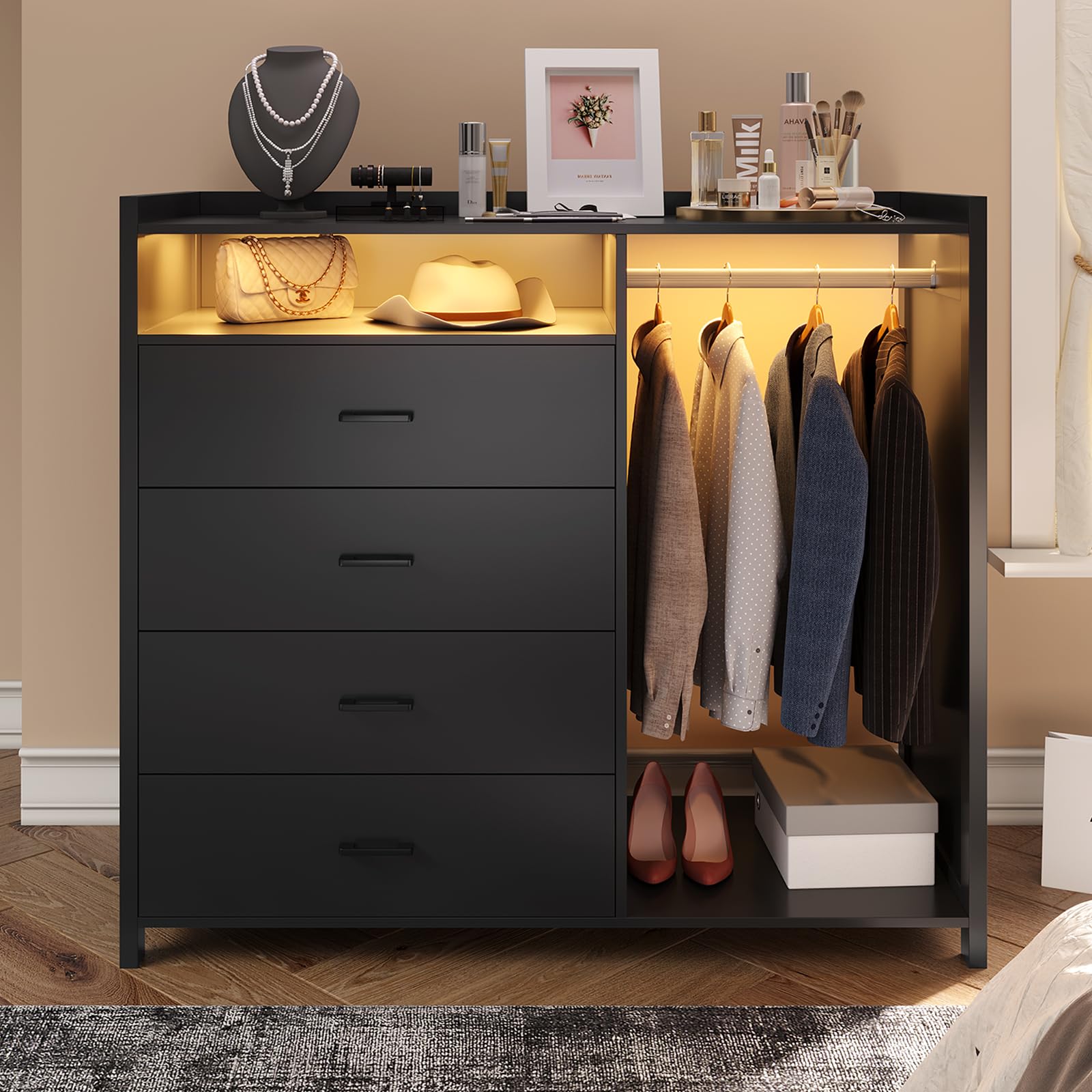 VIAGDO Dresser for Bedroom with Clothes Rail, Chest of 4 Drawers with LED Lights, Modern Black Dresser with Open Storage Space for Bedroom Entryway, Large Capacity