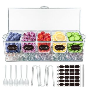 mheomtme chilled condiment server tray, bar fruit caddy with lid and 5 removable compartments, clear ice condiment serving tray for party, toppings bar container, garnish