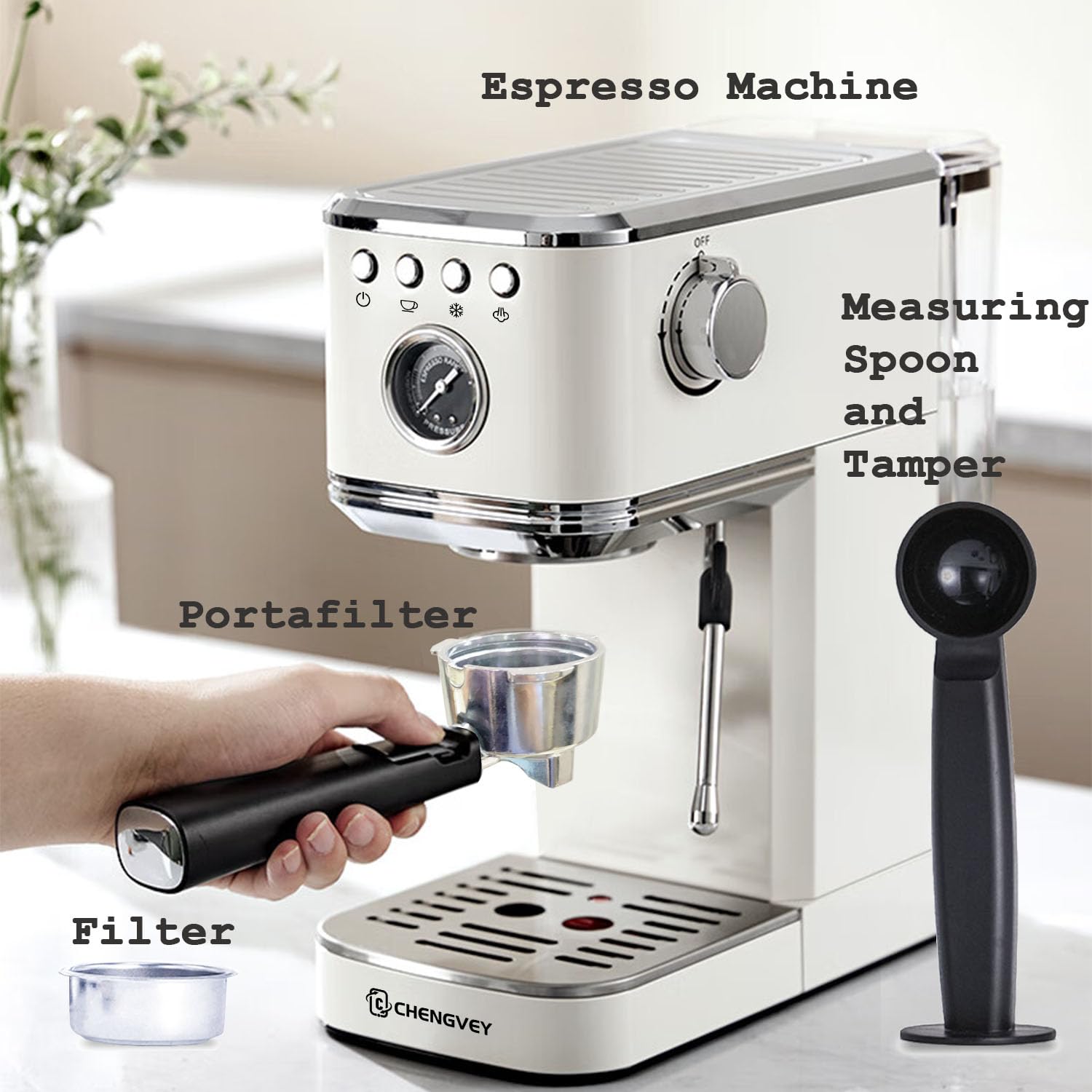 Espresso Machine 20 Bar, Stainless Steel Iced Coffee Maker, Professional Espresso Maker with Milk Frother Steam Wand, Compact Coffee Machine, Gift for Dad or Mom CCHENGVEY