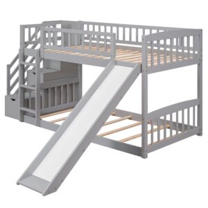 Harper & Bright Designs Low Bunk Bed with Slide and Stairs, Twin Over Twin Wooden Bunk Bed Frame with Storage, for Kids Girls Boys - Gray