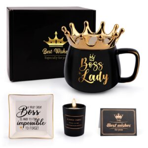 hulaso boss lady gifts for women, christmas gifts for women with candle and dish, boss appreciation gifts for women crown coffee cup, birthday gifts best boss gifts for women boss mug