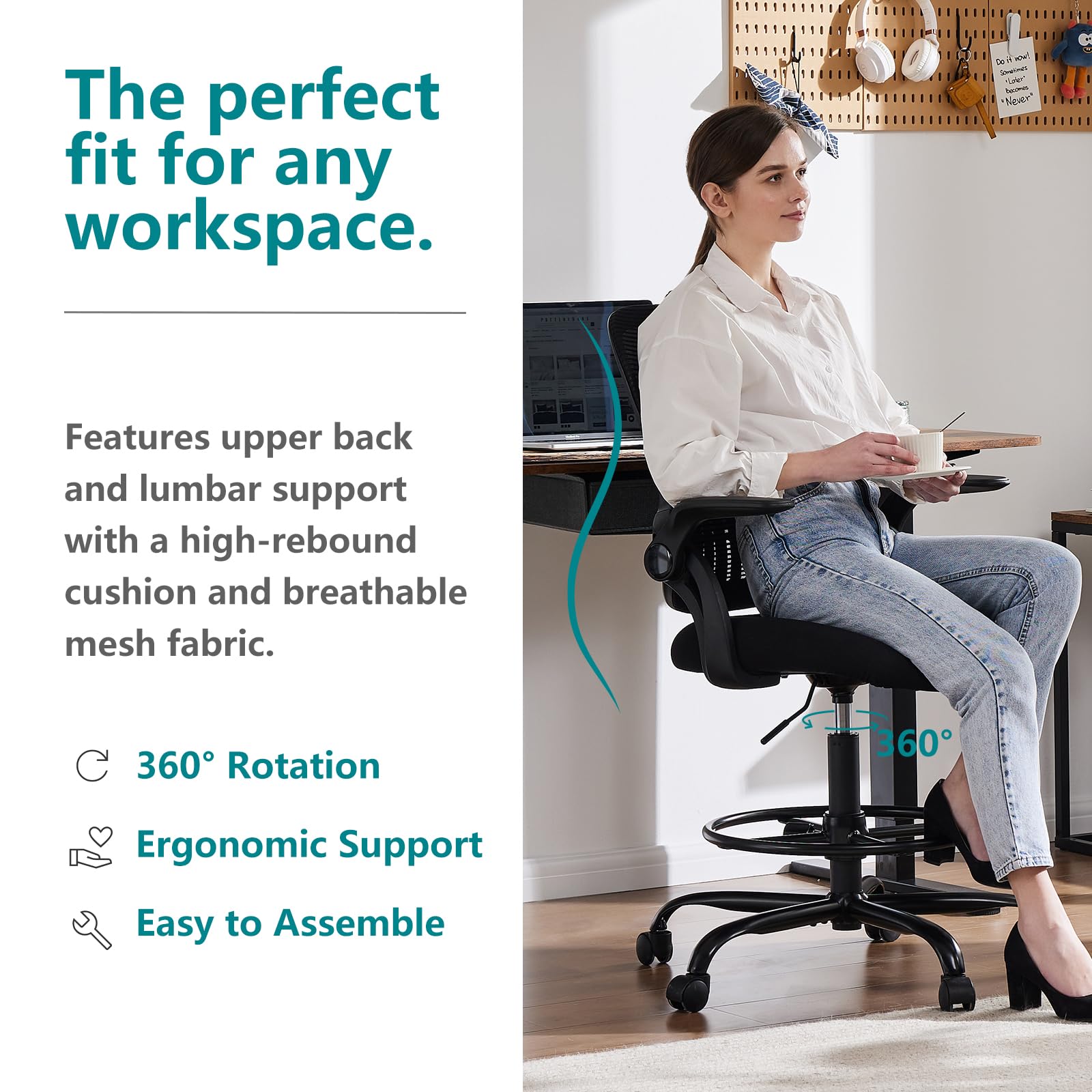 SMUG Drafting Chair, Tall Office Chair Tall Standing Desk Chair Counter Height Adjustable Office Chair with Flip-up Arms, Mid Back Mesh Office Drafting Chairs, Black