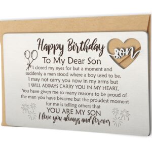 yodocamp happy birthday son gifts, son birthday card from mom, metal engraved greeting card for son birthday, son wallet insert card from parents