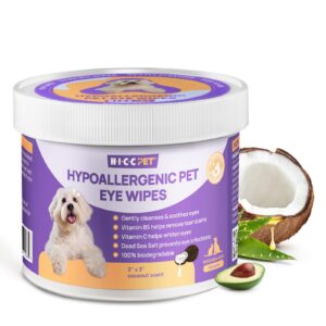 hicc pet eyes wipes for dogs & cats - gently remove tear stain, eye debris, discharge, mucus secretions - coconut oil pet cleaning grooming deodorizing wipes for eyes, wrinkle, face - 100pcs