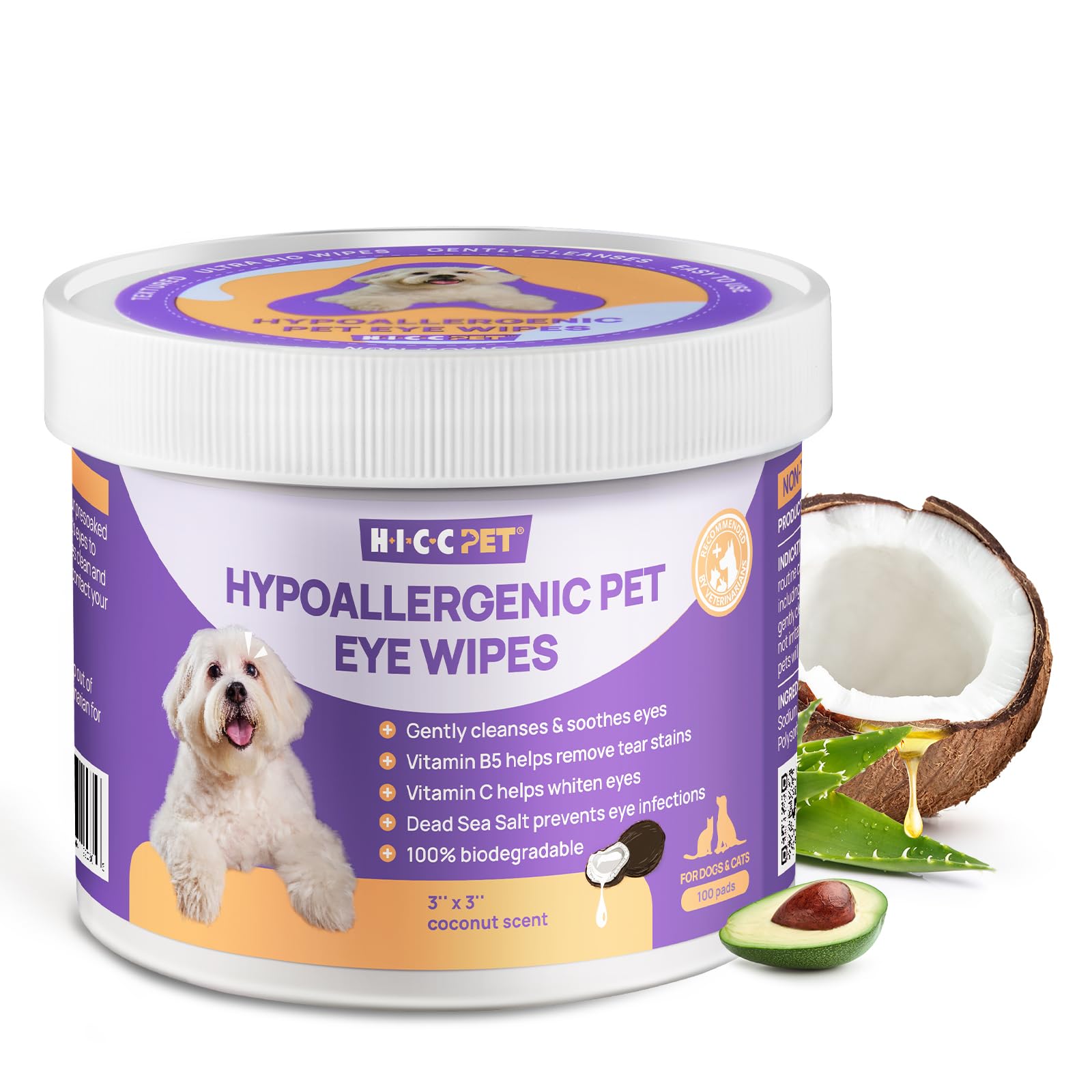 HICC PET Eyes Wipes for Dogs & Cats - Gently Remove Tear Stain, Eye Debris, Discharge, Mucus Secretions - Coconut Oil Pet Cleaning Grooming Deodorizing Wipes for Eyes, Wrinkle, Face - 100pcs