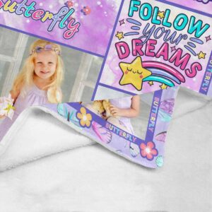 D-Story Custom Butterfly Blanket Memorial Gift with Photo Name: Made in USA, Flannel Personalized Blanket with Photo for Girls Kids Toddler for Daughter Sisters Friends Besties