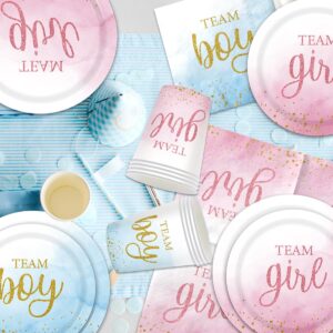 Gender Reveal Party Supplies - 80Pcs Team Boy or Team Girl Tableware Set Disposable Paper Plates,Napkins Gender Reveal Theme Table Decorations for Baby Shower Decorations,Boy or Girl Party