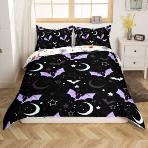 Erosebridal Purple Bats Halloween Decoration Moon Duvet Cover Glitter Stars Galaxy Bedding Set Cartoon Bat Gothic Comforter Cover Queen,Spooky Dark Shadows Silhouette Halloween Decorations Indoor