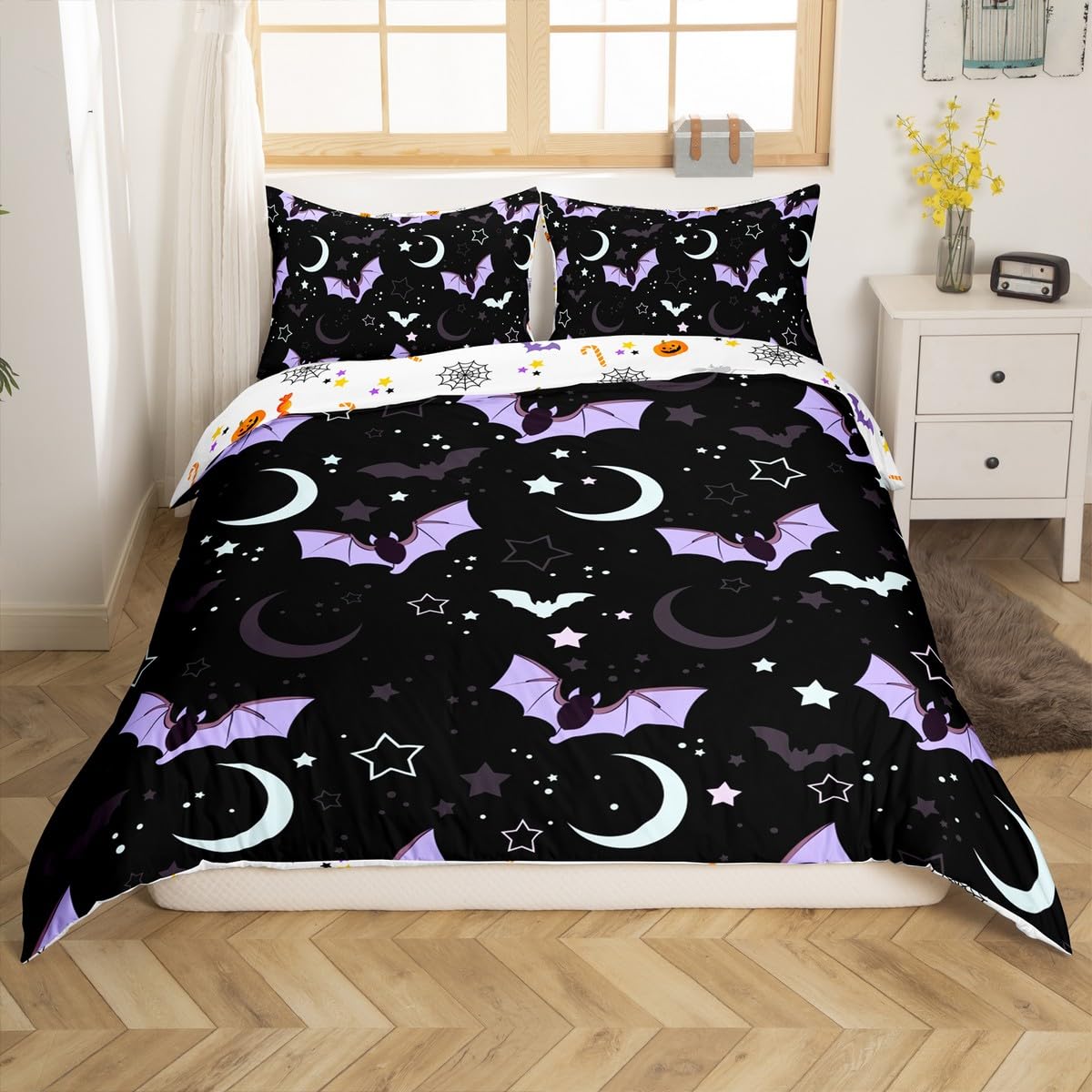 Erosebridal Purple Bats Halloween Decoration Moon Duvet Cover Glitter Stars Galaxy Bedding Set Cartoon Bat Gothic Comforter Cover Queen,Spooky Dark Shadows Silhouette Halloween Decorations Indoor