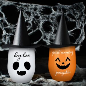 Suttmin 2 Sets Halloween Insulated Wine Tumbler Good Morning Pumpkin Cute Holiday Drink Cup Stainless Steel Insulated Tumbler with Lid, Straw and Brush for Hot and Cold Drinks Birthday Gift, 12 oz