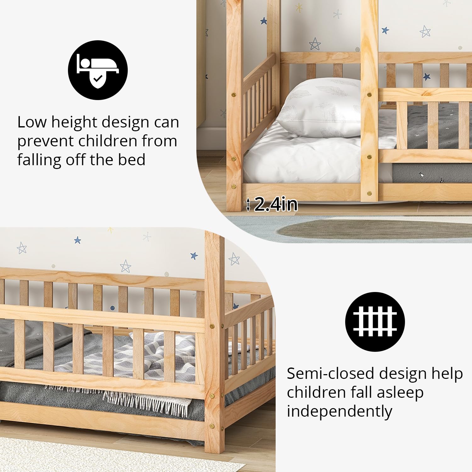 LLS Twin Size House Bed for Children Solid Wood Floor Bed Frame with Fence Guardrails and Roof Montessori Bed Playhouse Bed for Children Girls and Boys, Natural(No Bed Slats)