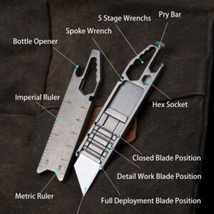 Tenchilon T394 Utility Knife, 10-in-1 Multi-Tool Retractable Pocket Knife, 3.94 inches Titanium Handle with Pry Bar, 10pcs Extra Replaceable SK5 Blades, Keychain Carry Box Cardboard Cutter EDC Knives