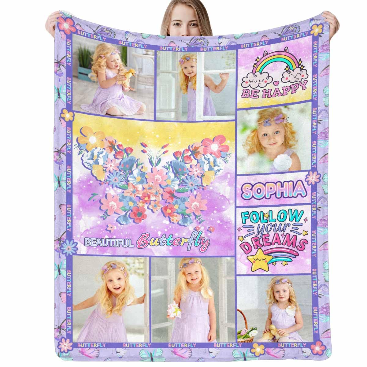 D-Story Custom Butterfly Blanket Memorial Gift with Photo Name: Made in USA, Flannel Personalized Blanket with Photo for Girls Kids Toddler for Daughter Sisters Friends Besties