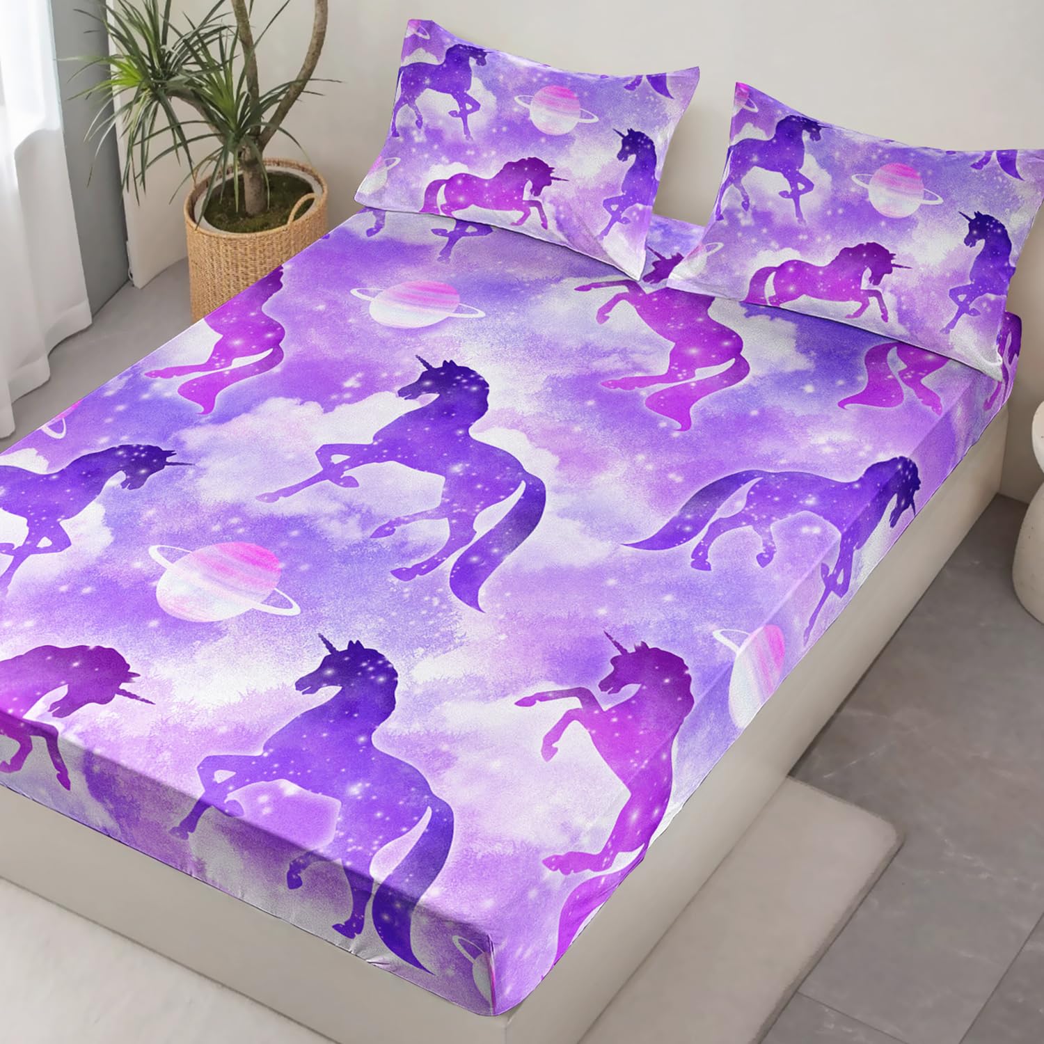 HOSIMA Purple Unicorn Bedding Sets for Girls Kids,Planet Cloud Unicorn Fitted Sheets Twin Bedding Set,Soft Microfiber Princess Toddler Bed Sheet Set with 15-Inch Deep Pockets.