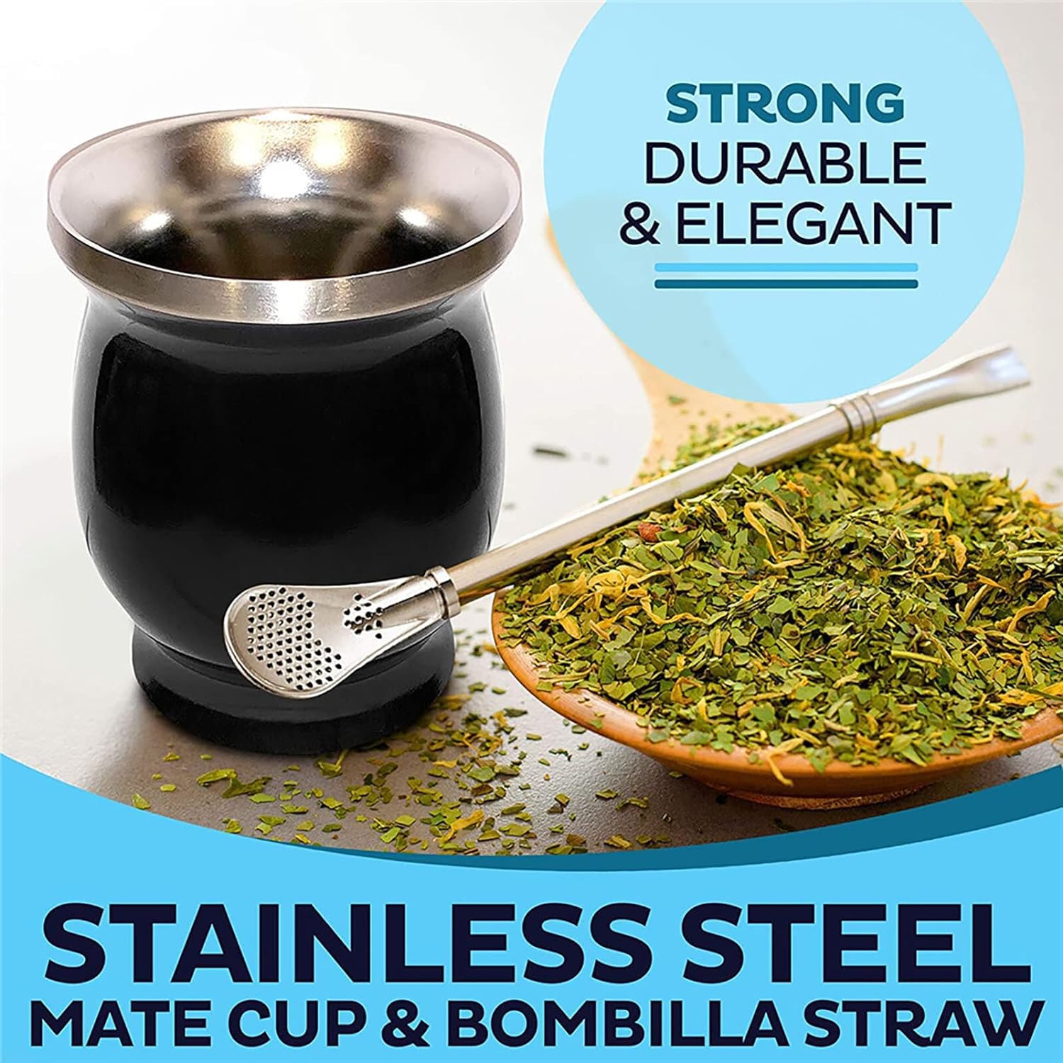 ABM&Y Yerba Mate Cup and Bombilla Set, Gourd Tea Cup Kit with 2 Straws and Cleaning Brush, Convenient Travel, Stainless Steel Double Walled Anti Scalding, Easy to Clean (Black A)