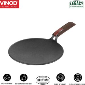 Vinod Legacy Pre-Seasoned Cast Iron Pan, Dosa Pan, Flat Skillet Pan/Tawa, Crepe, Chapati, Roti, Dosa Tawa Tava with Safety Sleeve for Stay-Cool Handle - 30cm, Black (LEGACY-TAWA-30)