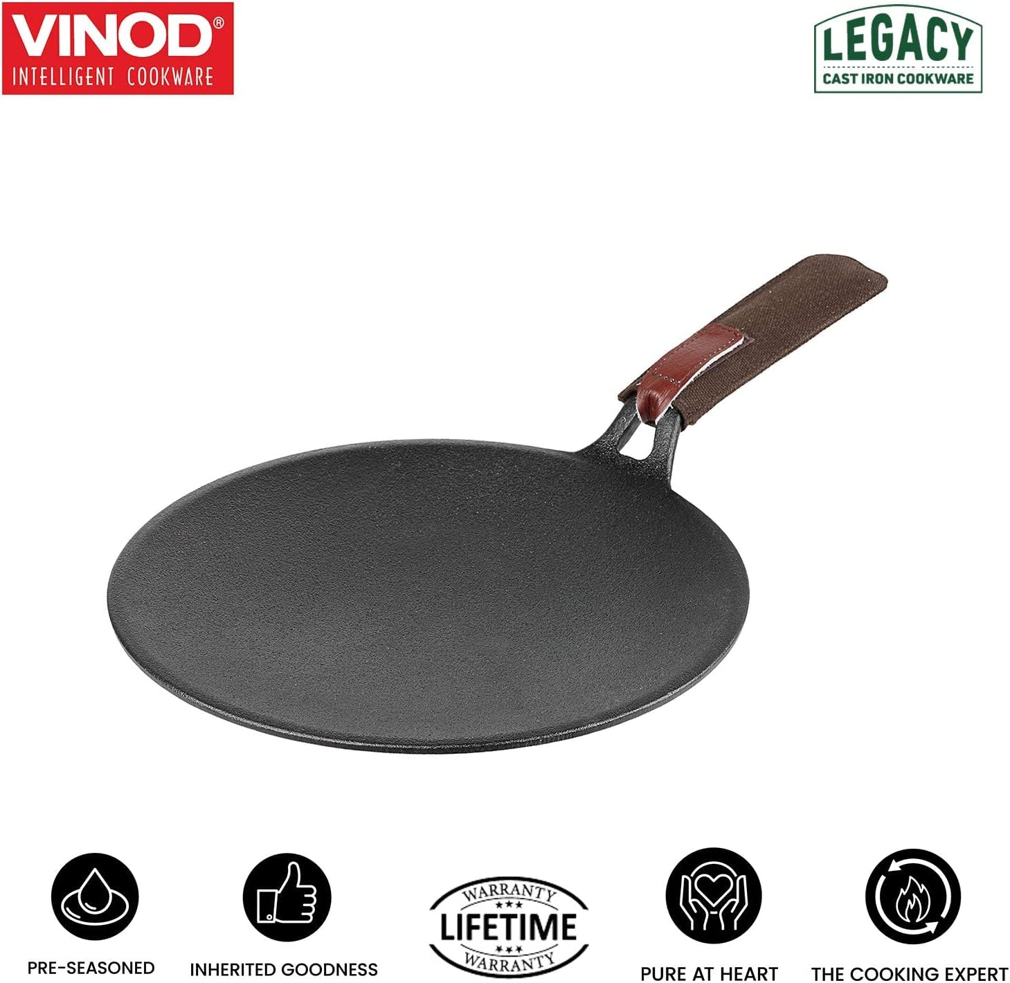 Vinod Legacy Pre-Seasoned Cast Iron Pan, Dosa Pan, Flat Skillet Pan/Tawa, Crepe, Chapati, Roti, Dosa Tawa Tava with Safety Sleeve for Stay-Cool Handle - 30cm, Black (LEGACY-TAWA-30)