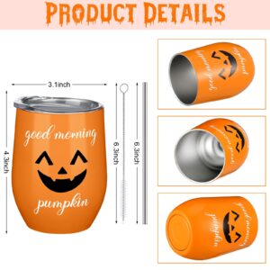 Suttmin 2 Sets Halloween Insulated Wine Tumbler Good Morning Pumpkin Cute Holiday Drink Cup Stainless Steel Insulated Tumbler with Lid, Straw and Brush for Hot and Cold Drinks Birthday Gift, 12 oz