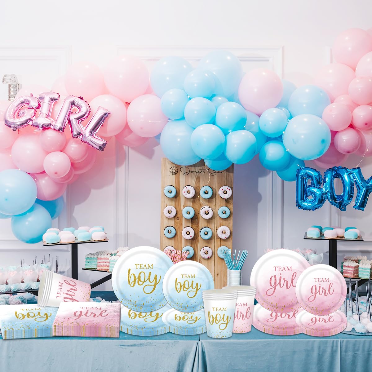 Gender Reveal Party Supplies - 80Pcs Team Boy or Team Girl Tableware Set Disposable Paper Plates,Napkins Gender Reveal Theme Table Decorations for Baby Shower Decorations,Boy or Girl Party