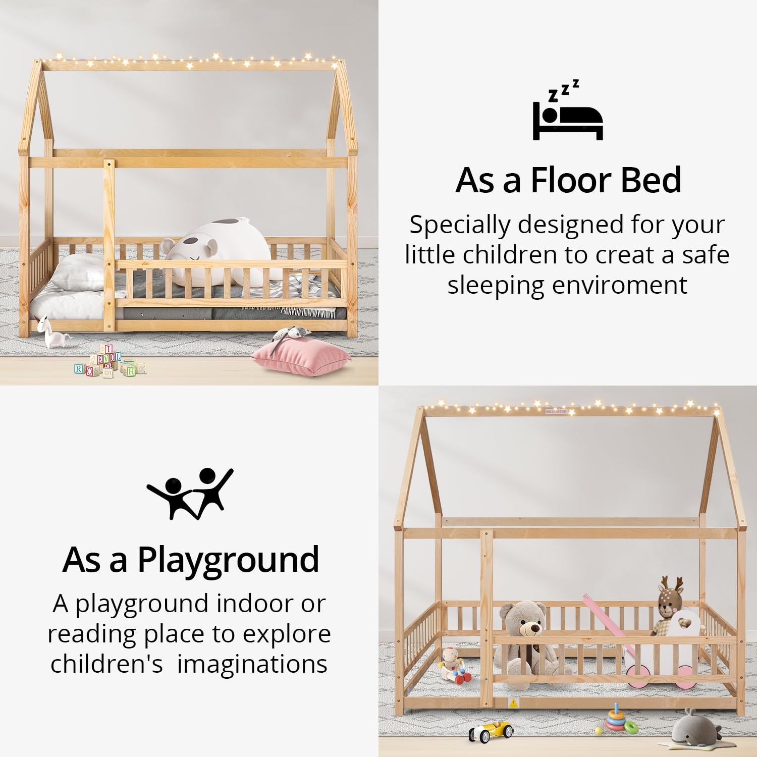 LLS Twin Size House Bed for Children Solid Wood Floor Bed Frame with Fence Guardrails and Roof Montessori Bed Playhouse Bed for Children Girls and Boys, Natural(No Bed Slats)