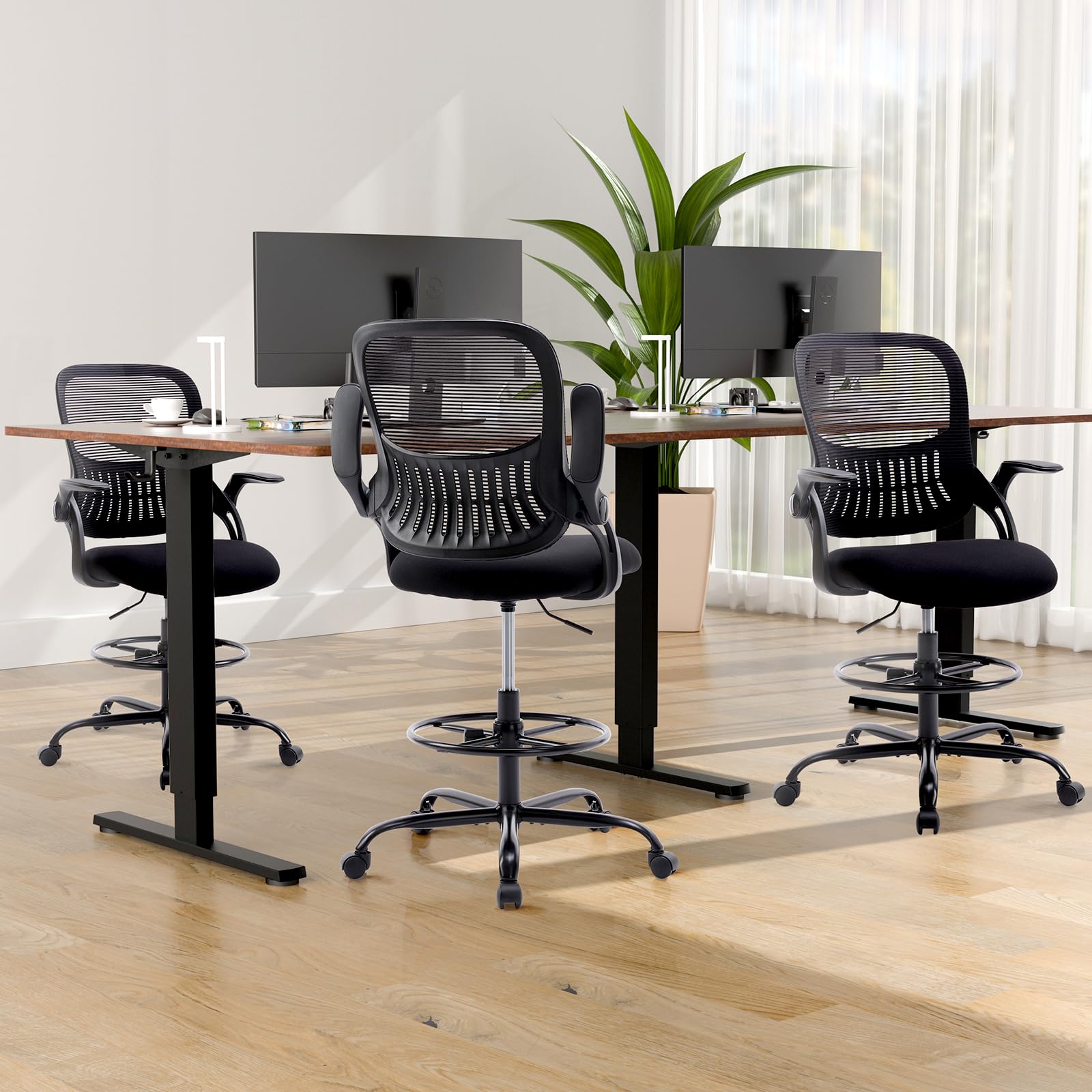 SMUG Drafting Chair, Tall Office Chair Tall Standing Desk Chair Counter Height Adjustable Office Chair with Flip-up Arms, Mid Back Mesh Office Drafting Chairs, Black