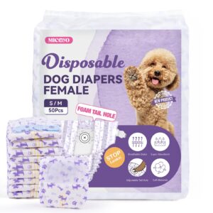 MICOOYO Disposable Dog Diapers Female, Doggie Diapers for Dogs Female, Super Absorbent Pet Diapers Foam Tail Hole Female Dog Diapers for Heat, Comfortable Puppy Diapers (Small Plus, 50Count)