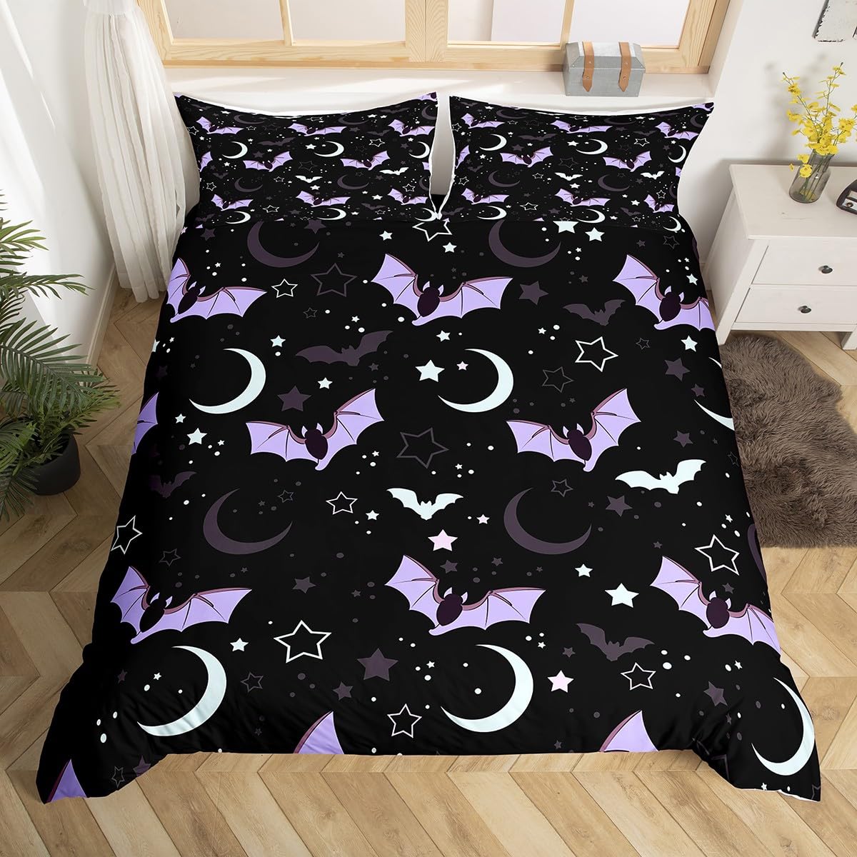 Erosebridal Purple Bats Halloween Decoration Moon Duvet Cover Glitter Stars Galaxy Bedding Set Cartoon Bat Gothic Comforter Cover Queen,Spooky Dark Shadows Silhouette Halloween Decorations Indoor