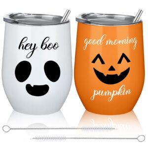 suttmin 2 sets halloween insulated wine tumbler good morning pumpkin cute holiday drink cup stainless steel insulated tumbler with lid, straw and brush for hot and cold drinks birthday gift, 12 oz