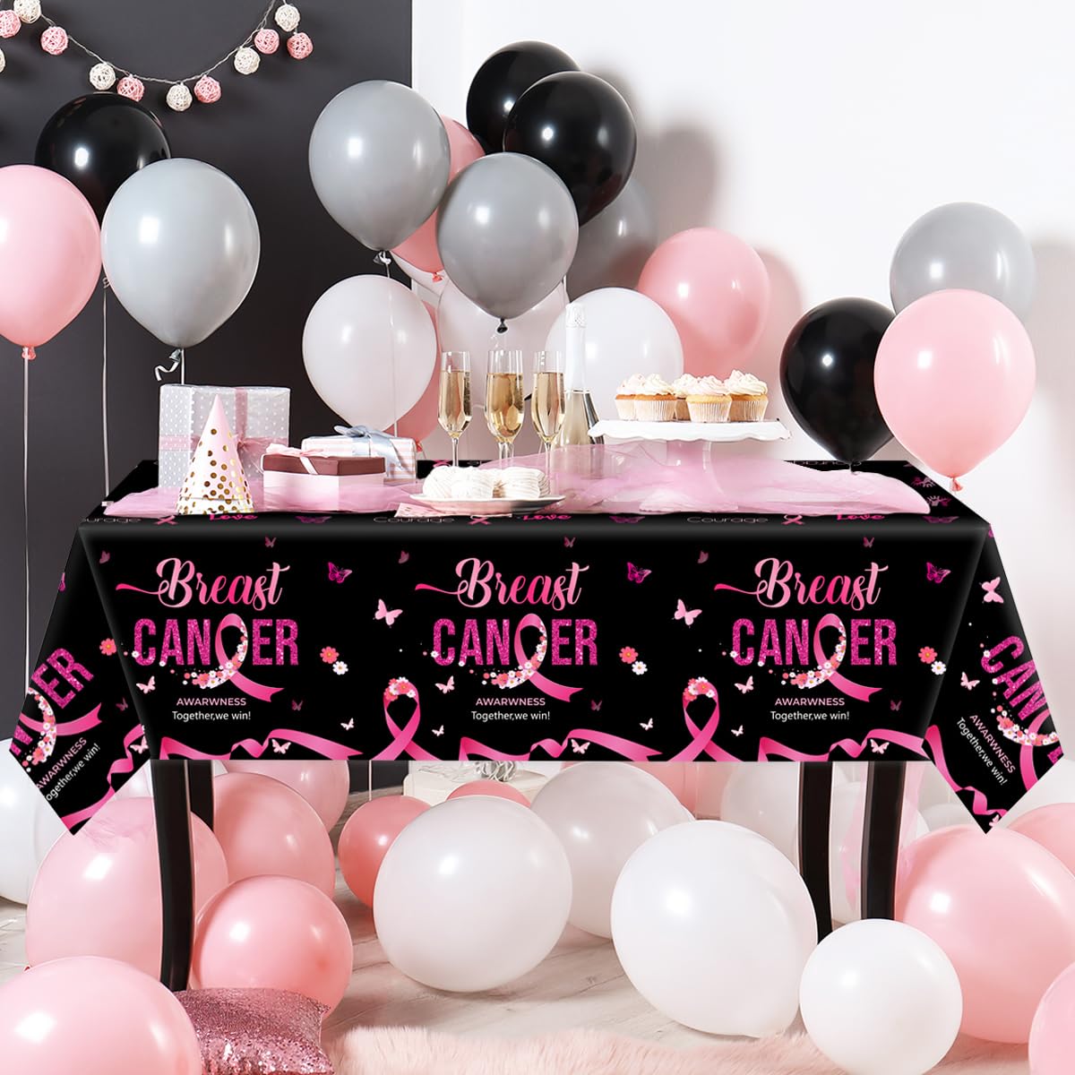 3Pcs Breast Cancer Awareness Tablecloths-Hope Love Cure Decorations Pink Ribbon Disposable Rectangle Plastic Table Covers Women Pink Black Breast Cancer Party Supplies