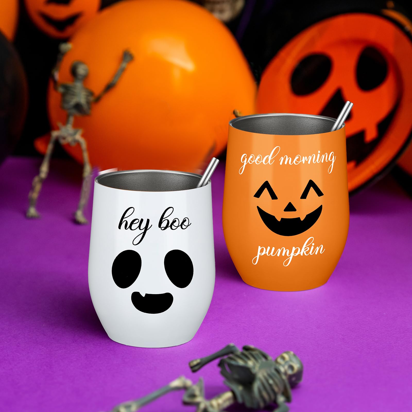 Suttmin 2 Sets Halloween Insulated Wine Tumbler Good Morning Pumpkin Cute Holiday Drink Cup Stainless Steel Insulated Tumbler with Lid, Straw and Brush for Hot and Cold Drinks Birthday Gift, 12 oz