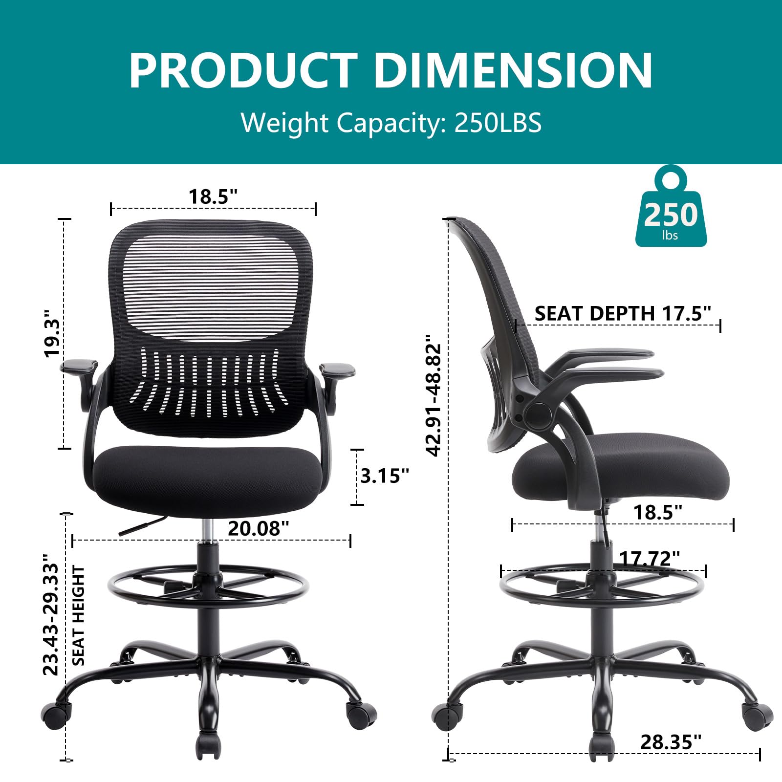 SMUG Drafting Chair, Tall Office Chair Tall Standing Desk Chair Counter Height Adjustable Office Chair with Flip-up Arms, Mid Back Mesh Office Drafting Chairs, Black