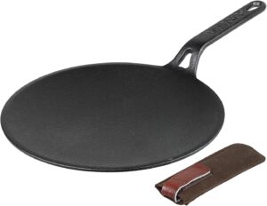 vinod legacy pre-seasoned cast iron pan, dosa pan, flat skillet pan/tawa, crepe, chapati, roti, dosa tawa tava with safety sleeve for stay-cool handle - 30cm, black (legacy-tawa-30)