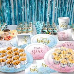 Gender Reveal Party Supplies - 80Pcs Team Boy or Team Girl Tableware Set Disposable Paper Plates,Napkins Gender Reveal Theme Table Decorations for Baby Shower Decorations,Boy or Girl Party