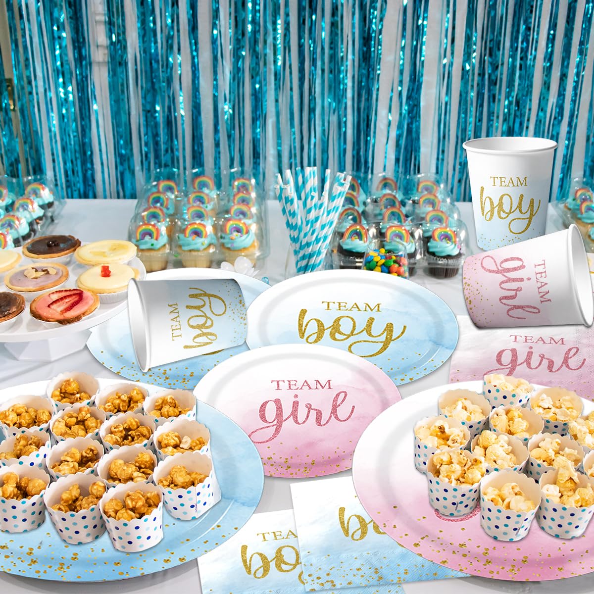 Gender Reveal Party Supplies - 80Pcs Team Boy or Team Girl Tableware Set Disposable Paper Plates,Napkins Gender Reveal Theme Table Decorations for Baby Shower Decorations,Boy or Girl Party