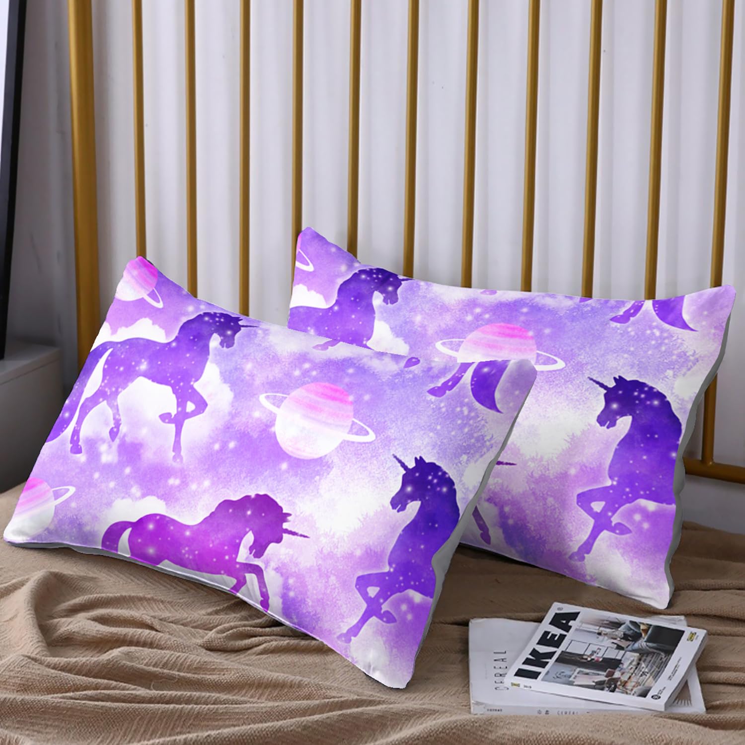 HOSIMA Purple Unicorn Bedding Sets for Girls Kids,Planet Cloud Unicorn Fitted Sheets Twin Bedding Set,Soft Microfiber Princess Toddler Bed Sheet Set with 15-Inch Deep Pockets.