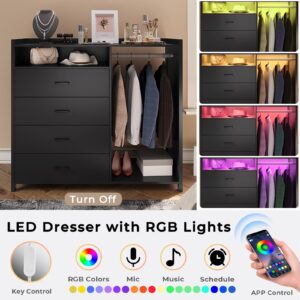 VIAGDO Dresser for Bedroom with Clothes Rail, Chest of 4 Drawers with LED Lights, Modern Black Dresser with Open Storage Space for Bedroom Entryway, Large Capacity