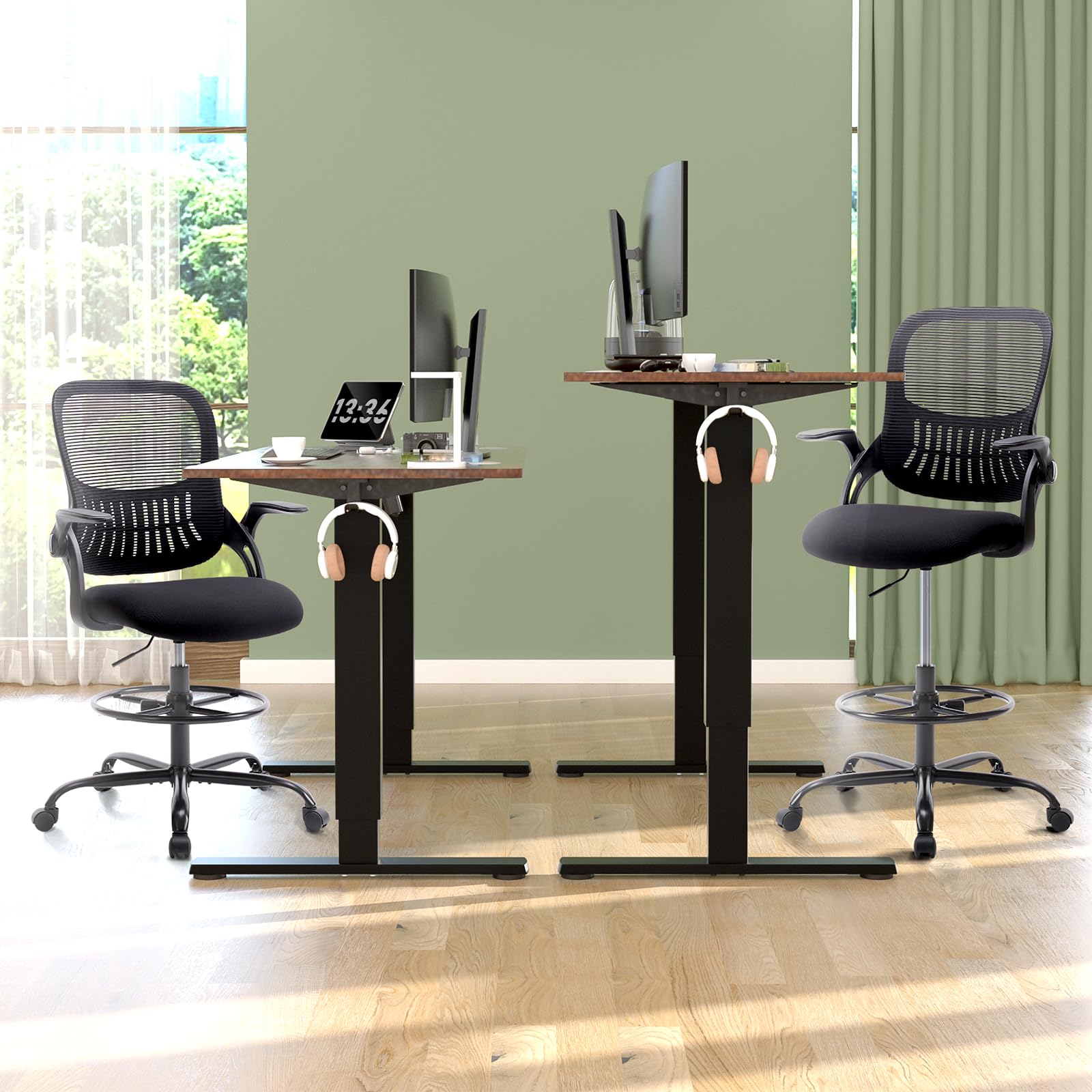 SMUG Drafting Chair, Tall Office Chair Tall Standing Desk Chair Counter Height Adjustable Office Chair with Flip-up Arms, Mid Back Mesh Office Drafting Chairs, Black