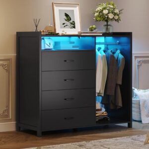 VIAGDO Dresser for Bedroom with Clothes Rail, Chest of 4 Drawers with LED Lights, Modern Black Dresser with Open Storage Space for Bedroom Entryway, Large Capacity